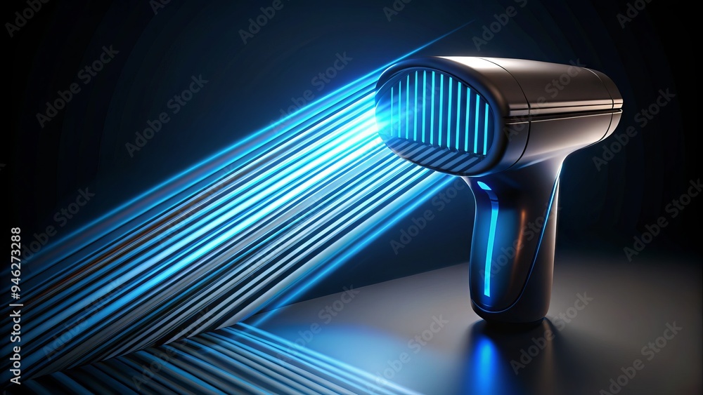 A futuristic barcode scanner emits a bright blue beam of light on a ...
