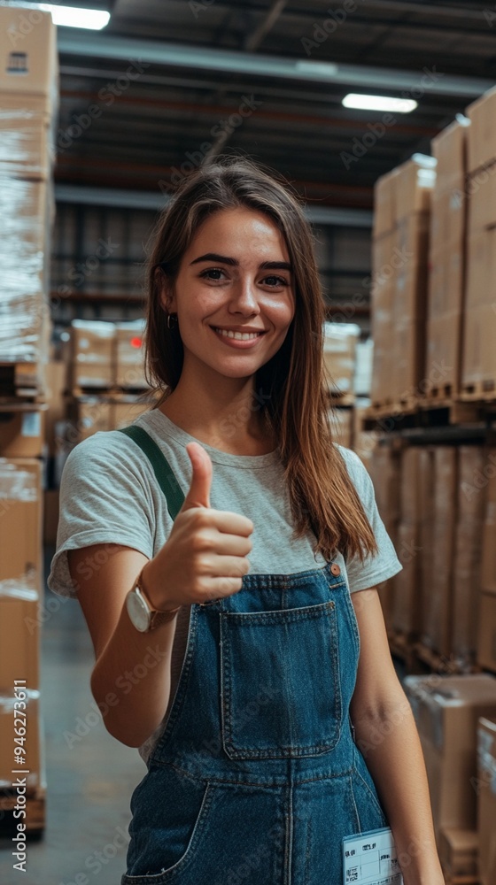 Enthusiastic warehouse worker in denim overalls gives thumbs up ...