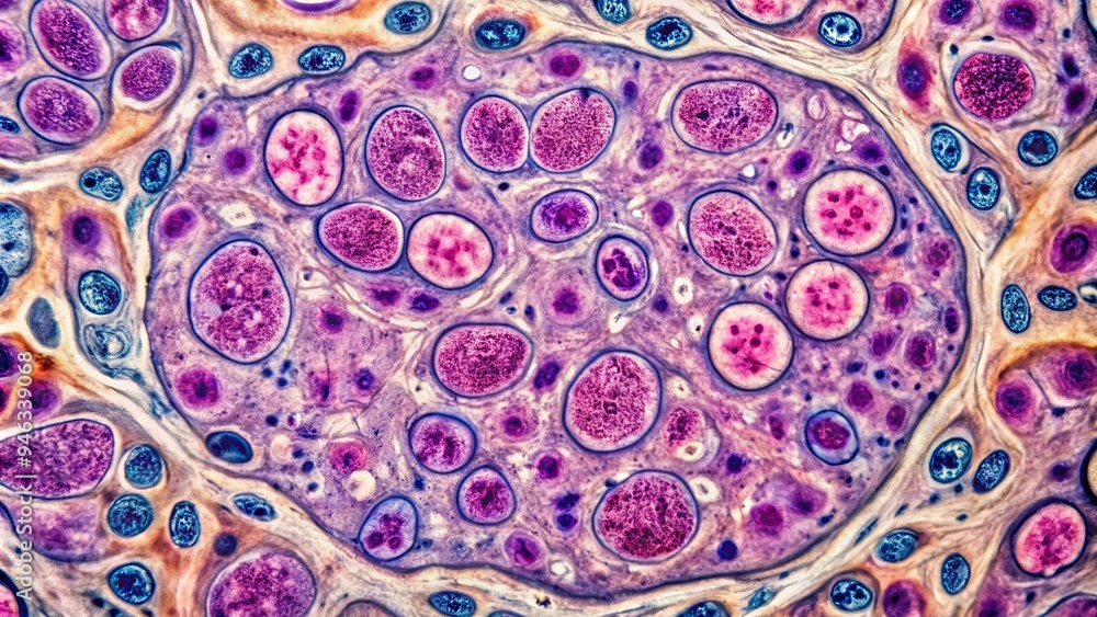 Microscopic view of kidney tissue stained with H&E, showing irregular ...