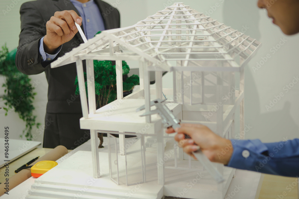 Engineers are discussing house construction plans, reviewing blueprints ...