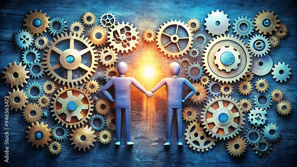 Two abstract human figures merged in the center, surrounded by gears ...