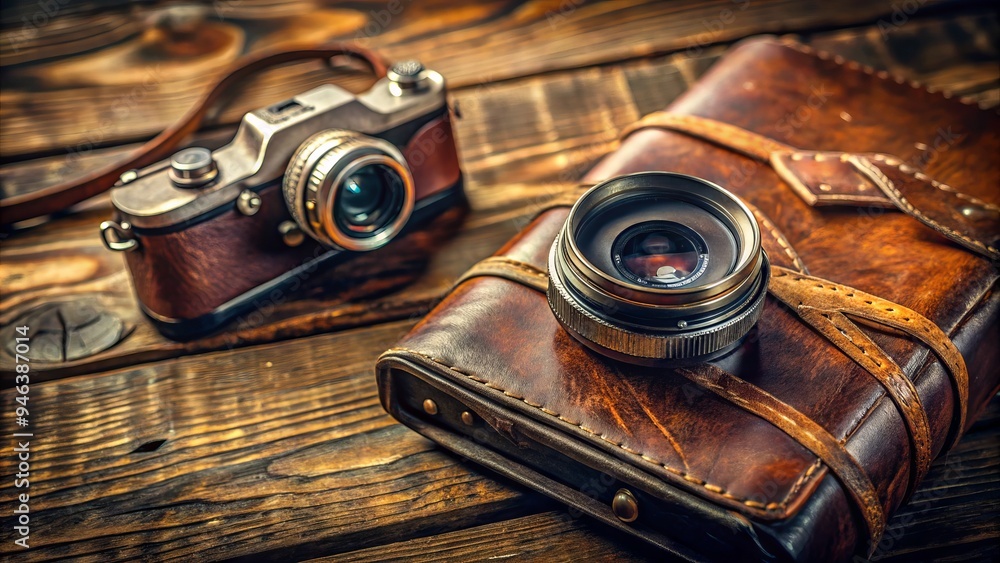 Vintage camera lens with nostalgic patina and worn leather case ...