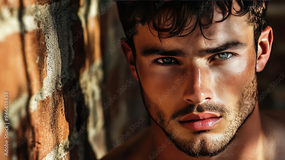 A close-up portrait of a male model with a chiseled jawline and intense ...