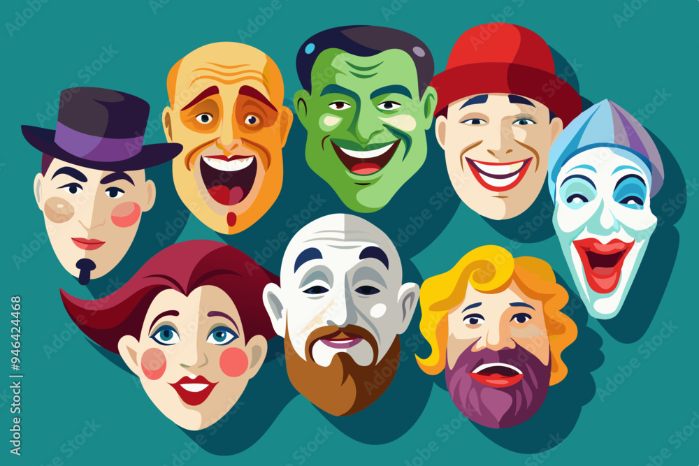 Collection of comedy masks of theater actors, watercolor clipart ...