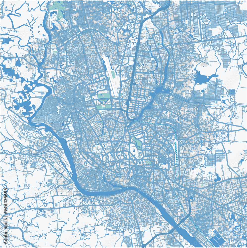 Map of Dhaka in Bangladesh in blue. Contains layered vector with roads ...