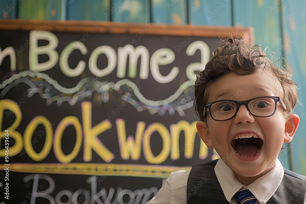 Excited young reader in glasses and tie, standing before a chalkboard ...