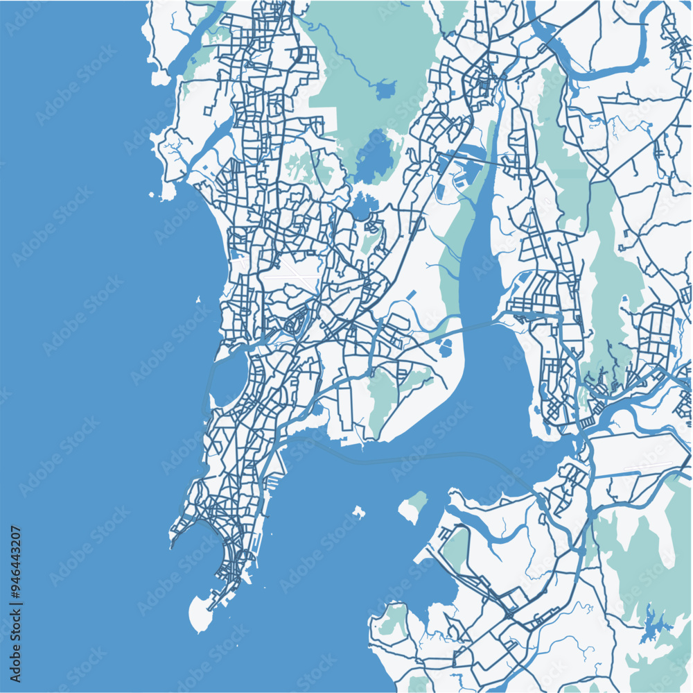 Map of Mumbai in India in blue. Contains layered vector with roads ...