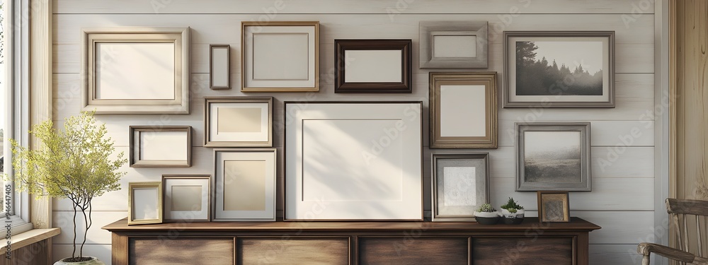 Staggered frame display with varying sizes and shapes in a modern ...