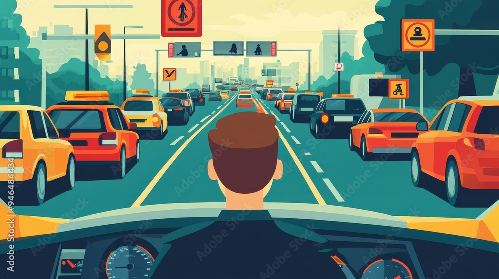 Illustrated view of busy urban traffic scene depicting a driver ...
