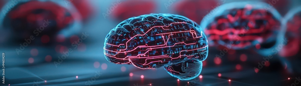 Digital brains exchanging data streams in a virtual environment, neon hues, cyberpunk ...