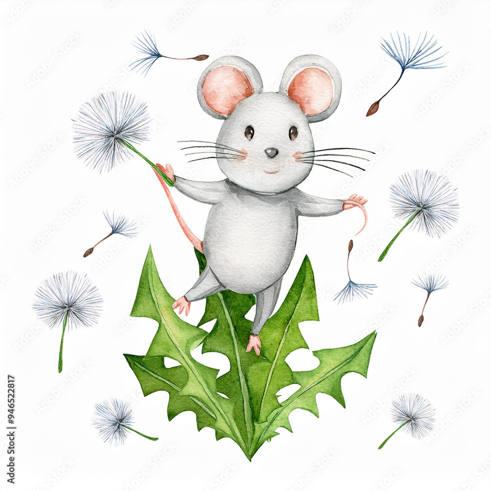 cute little mouse flying on the dandelion, hand drawn clipart, children ...