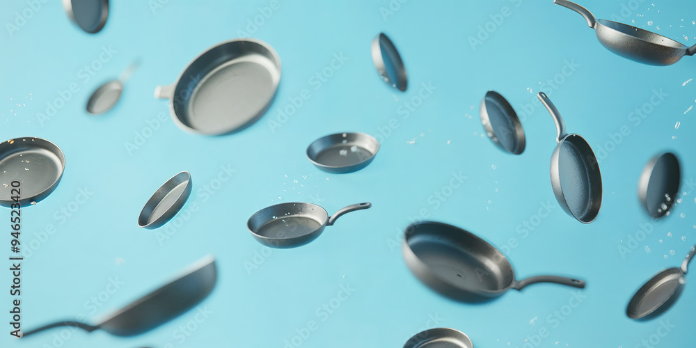 Floating frying pans in mid-air create a kitchen atmosphere against a ...