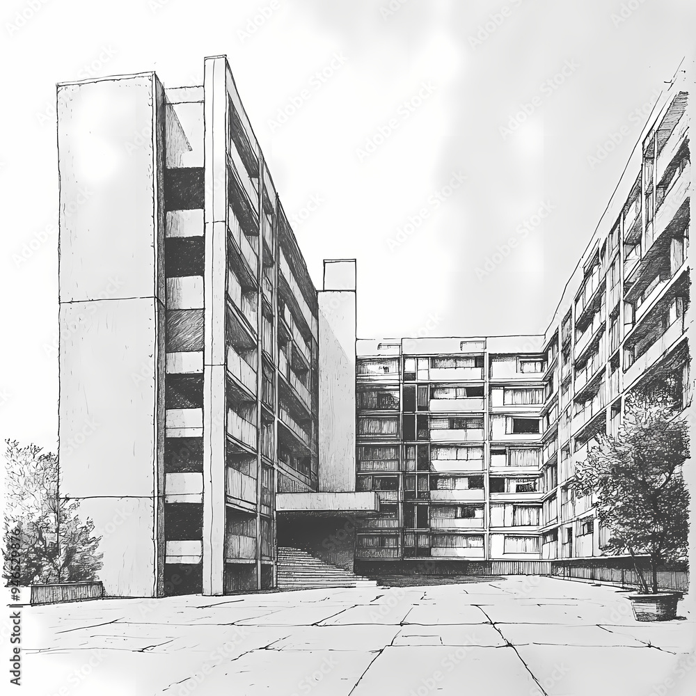 Detailed Architectural Sketch of a Brutalist Building in Black-and ...
