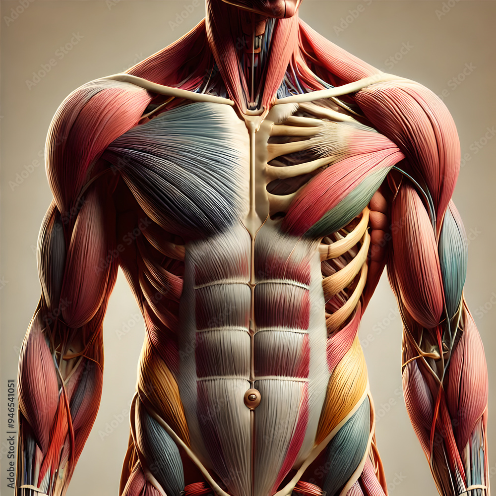 3D anatomical showing major muscle groups of the human body, including ...