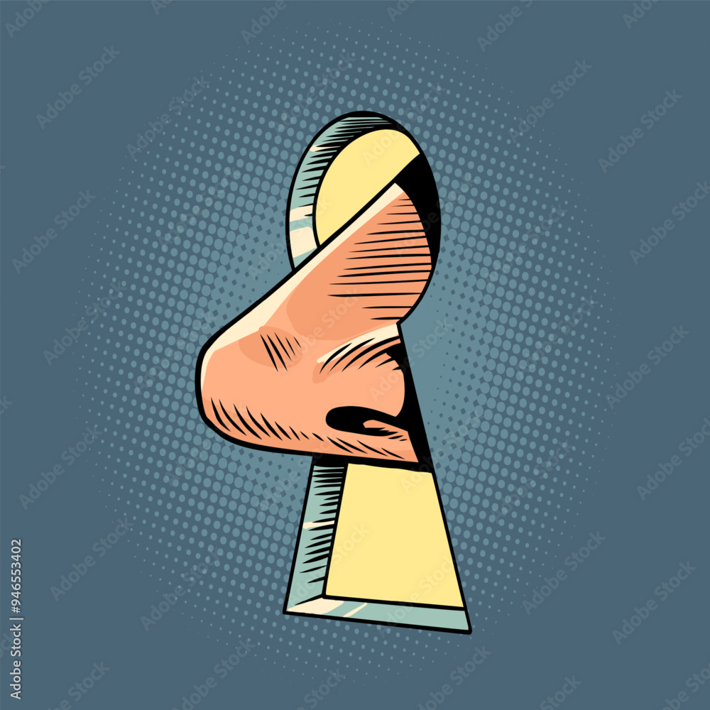Human nose through a key lock. To sniff out what is closed to others ...