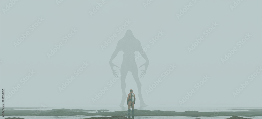 Giant humanoid merman sea monster mythical demon hazmat suit lake beach ...