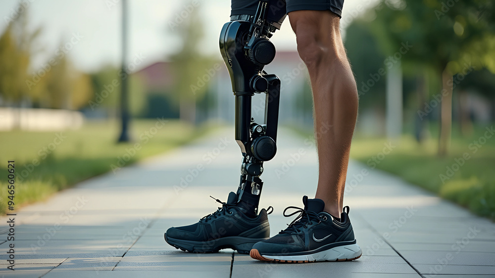 Man amputee with prosthetic robotic bionic leg. Modern technology ...