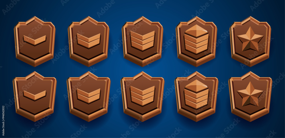 Game rank woody level emblem set. Military patent, stars, three ...