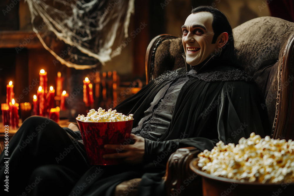 Gothic vampire enjoying a horror movie night with popcorn in a dimly ...