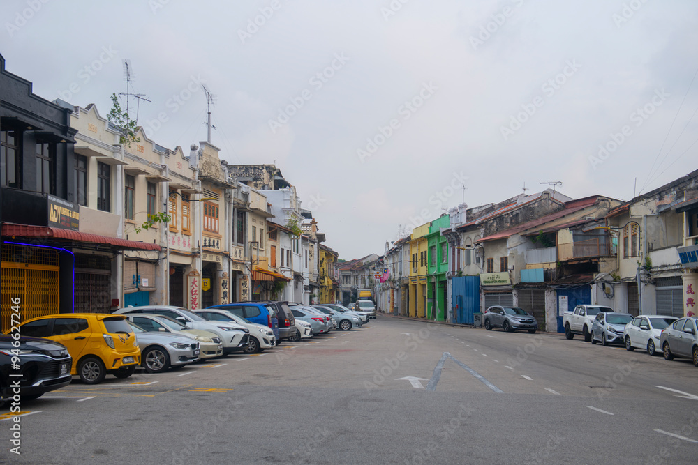 Historic commercial buildings on Jalan Kampung Pantai Street in ...