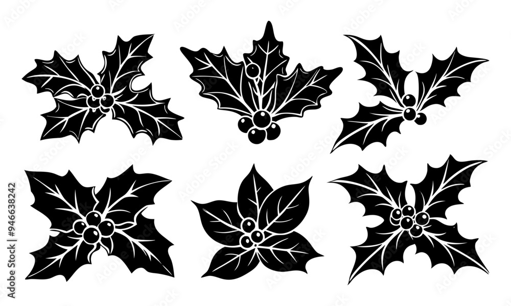 Download Styles Of Holly Sprig Vector Illustration - Line Art, Outline ...