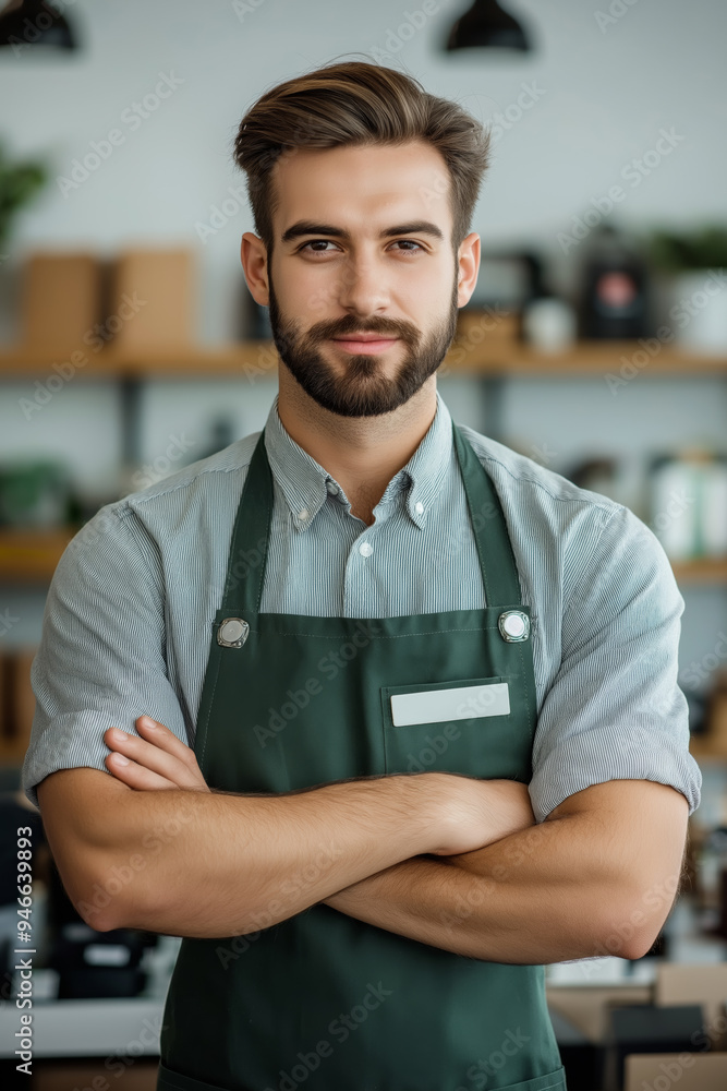 Full-body portrait of a friendly shop assistant wearing a professional ...