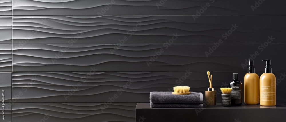 Matte black wall tiles with subtle, abstract patterns etched into the ...