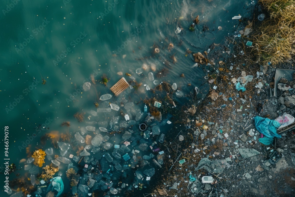 Aerial view of polluted shoreline with plastic waste and debris ...