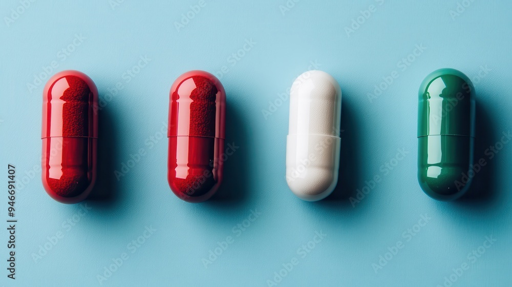 Four vibrantly colored capsules organized in a horizontal line on a ...