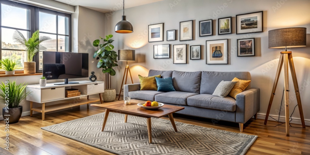Contemporary Living Room with Grey Sofa and Geometric Rug, Wide Angle ...