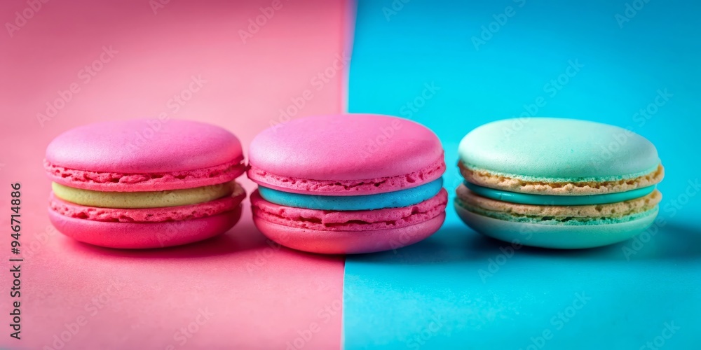 Pink and Blue Macarons on a Split Background, macaron, pastry, dessert ...