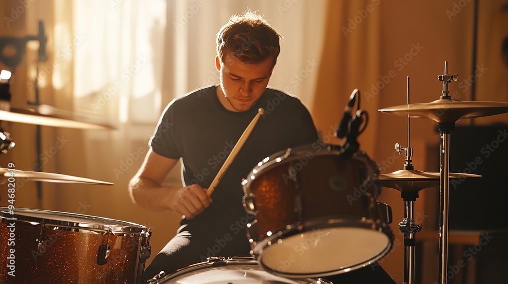 A drummer performing in a studio with a full drum kit, including bass ...