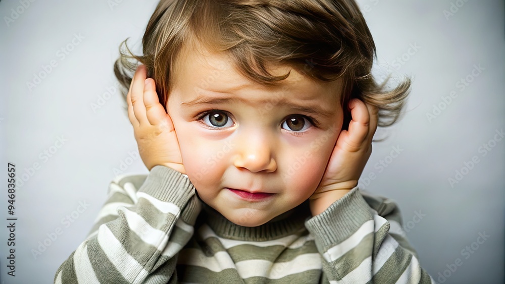 Adorable young child with a vulnerable expression covers their ears ...