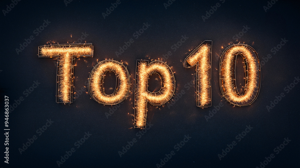 Brightly lit numbers form the phrase Top 10 using sparkling effects on ...