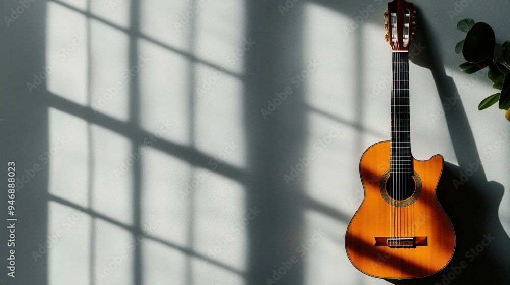 A shadow-casting guitar is depicted against a wall, with window light ...