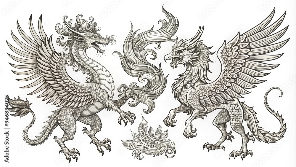 Delicate, intricate line art illustrations of mythical creatures ...