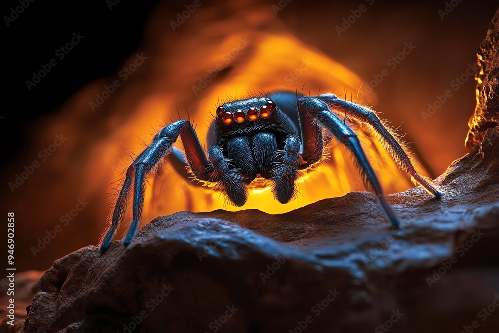 Spider in an ancient cave, depicted in an artwork that evokes a sense ...