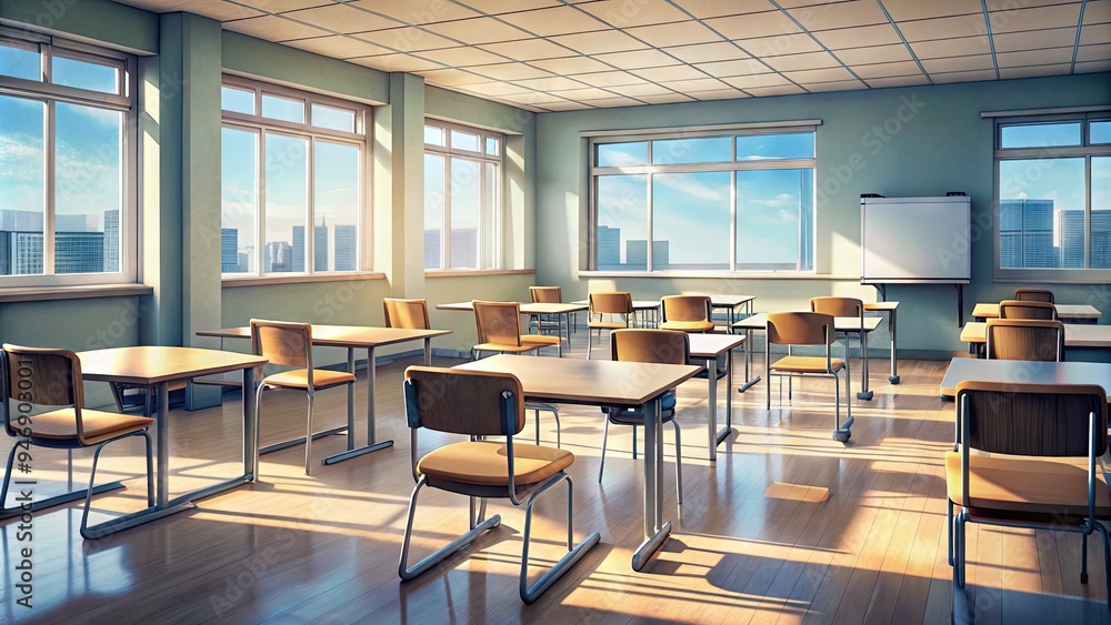 Empty classroom with single occupied desk, surrounded by vacant chairs ...