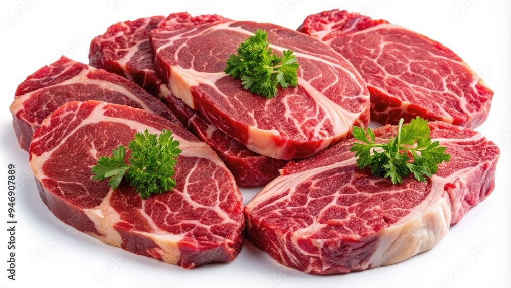 Freshly cut raw meat steaks with varying marbling patterns isolated on ...
