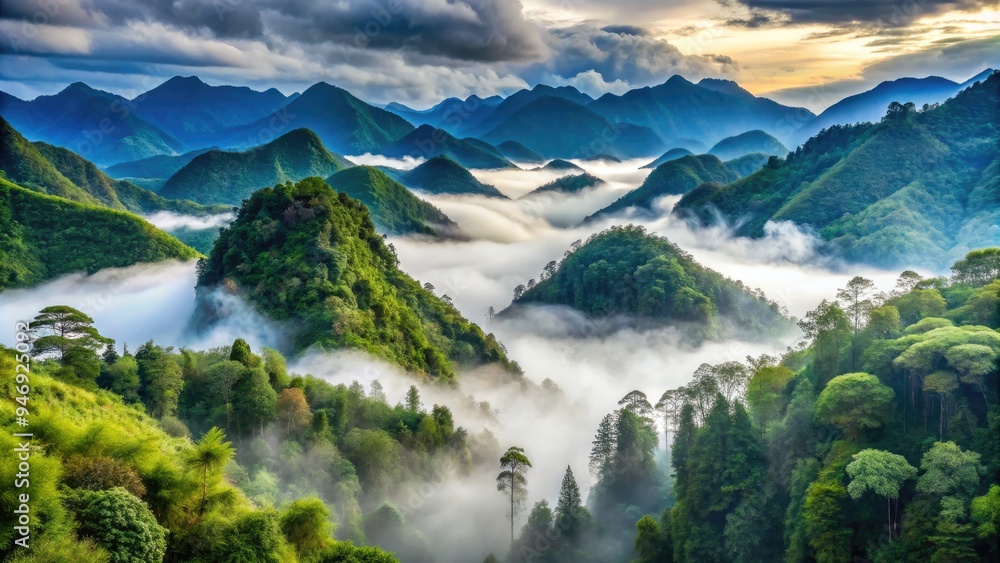 Majestic mist-shrouded mountains surround serene Wolong Valley, a ...