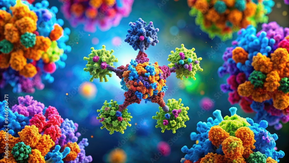 Microscopic view of Y-shaped antibodies binding to foreign particles ...
