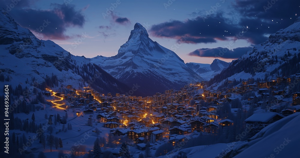 Winter evening in Zermatt with illuminated chalets glowing against the ...