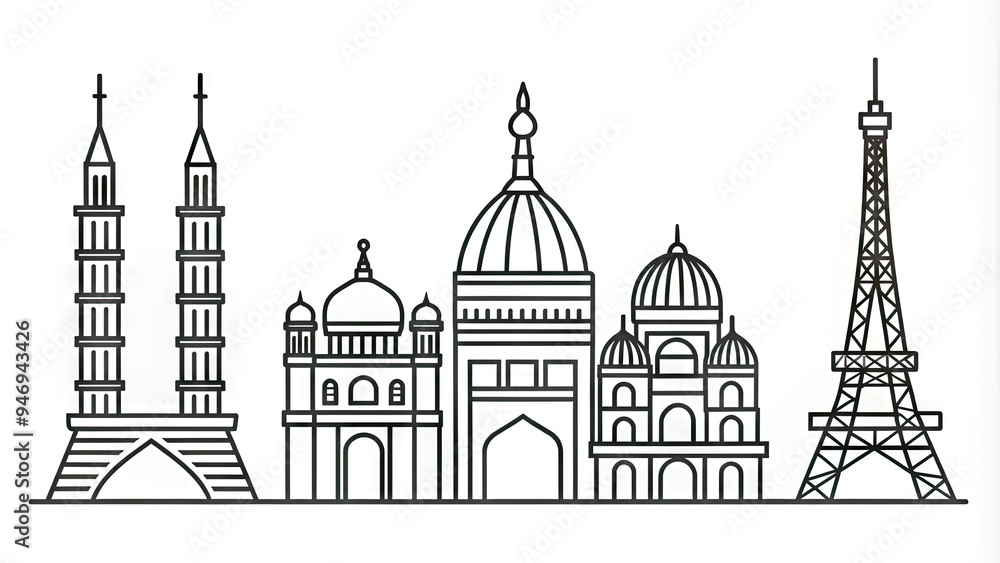 Simple, iconic line art illustrations of world-famous landmarks ...