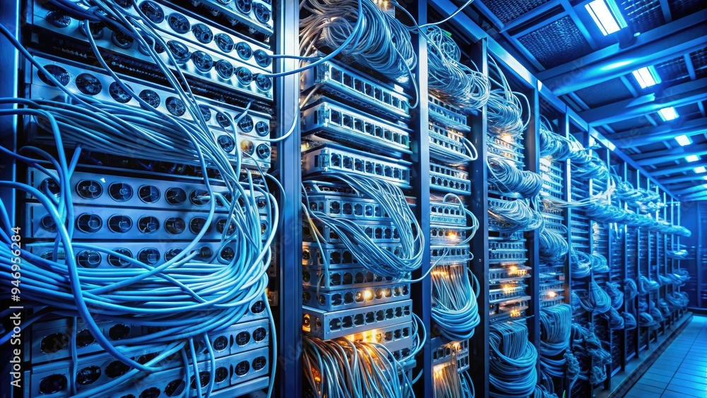 Tangled wires and cables overflow from a crowded server rack ...