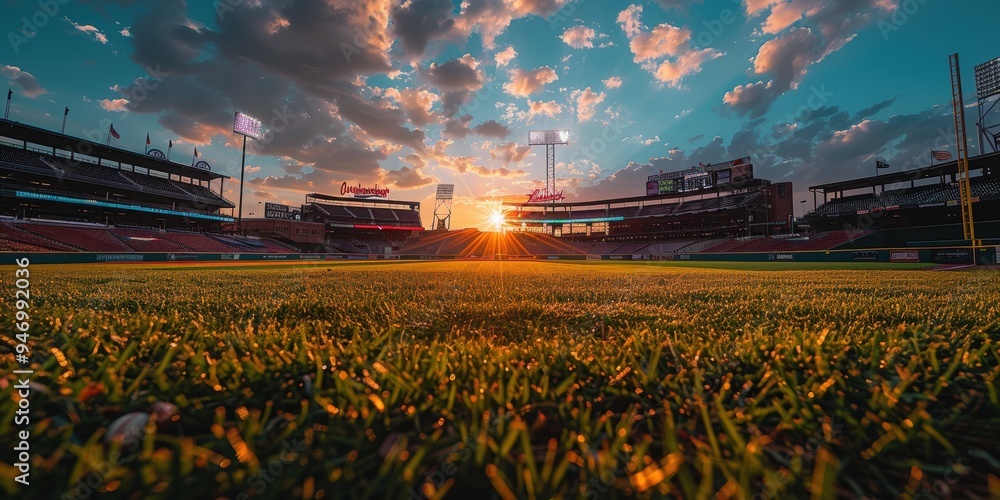 An awe-inspiring sunset illuminates the baseball field with a ...