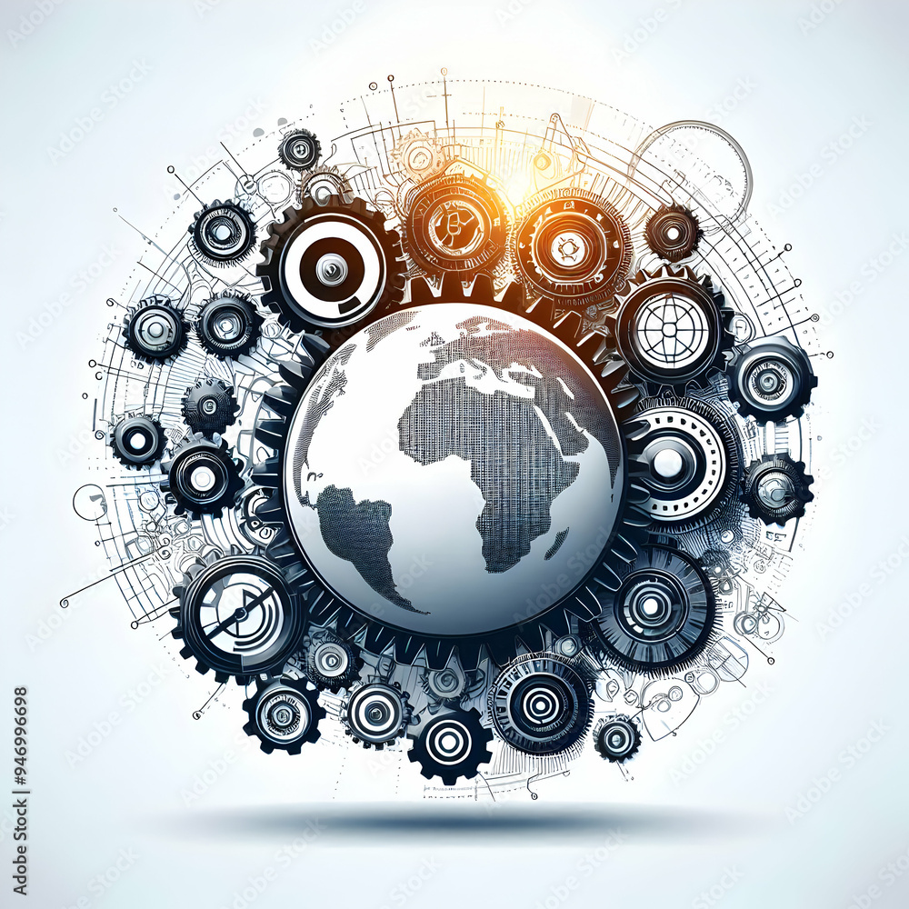 Abstract Vector of Globe and Gears with Global Concept - Global ...