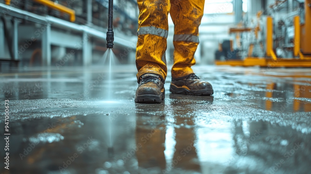 Powerful pressure washer cleansing a grimy factory floor, close-up on ...