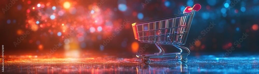 Holographic shopping cart with floating subscription icons, e-commerce ...