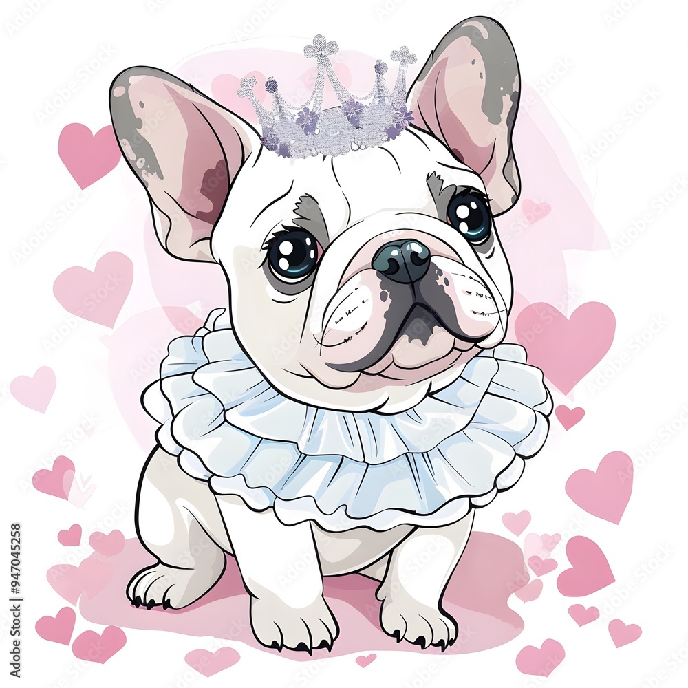 Ilustracja bez tantiem: cute frenchie princess dress and tiara, in a ...