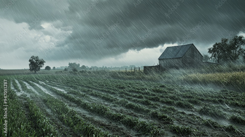 Stormy weather over a rural farmland with heavy rain and dark clouds ...